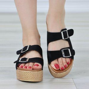 Shoes | Suede Black Double Straps Comfort Platform Sandal Slip On ...
